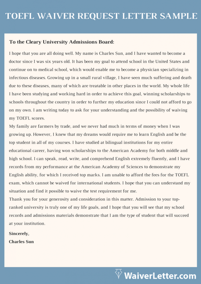 TOEFL Waiver Request Letter Sample | Waiver Writing Guide